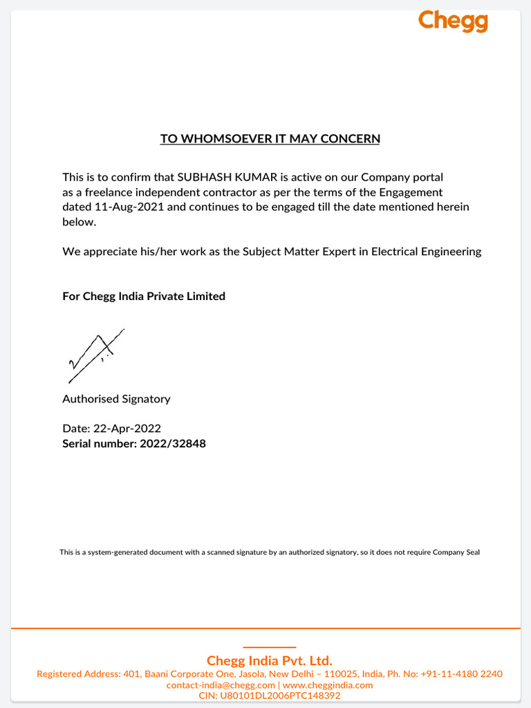 chegg Work Certificate Format1 | PDF