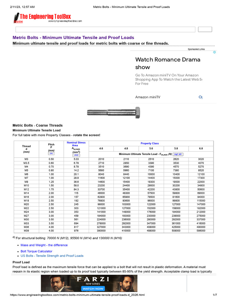 Metric Bolt Preload and Proof Loads | PDF | Screw | Mechanical Engineering