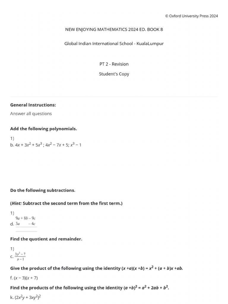 1 Class8 - PT2 Revision WS | PDF