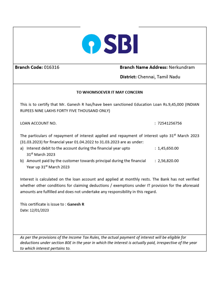 Education Loan Interest Certificate | PDF
