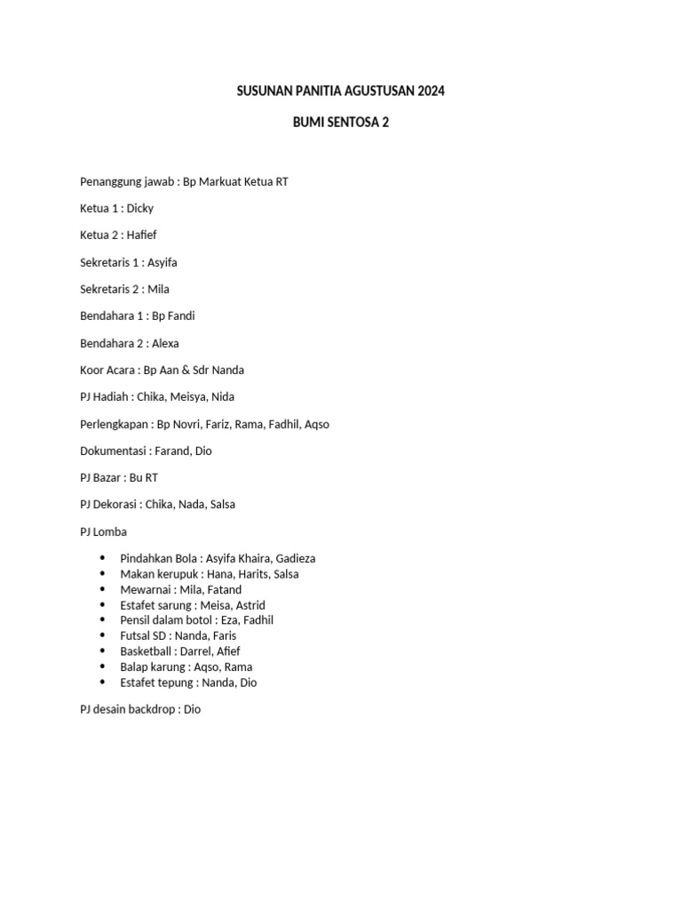 Susunan Panitia Agustusan 2024 Bs2 | PDF