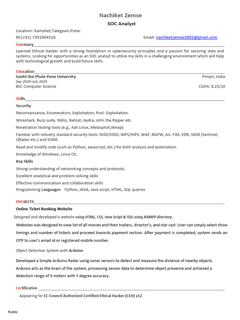 Nachiket Zemse - Cyber Security Analyst-Fresher | PDF | Computer Security | Security