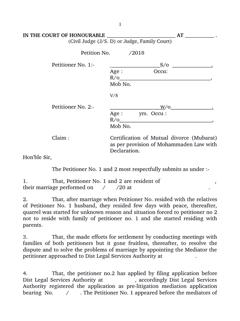 Proforma Petition For Mutaul Consent Divorce by Muslims | PDF | Divorce ...
