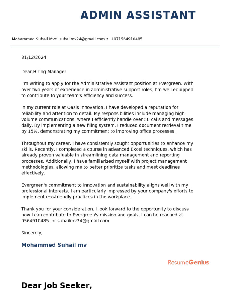 Entry Level Administrative Assistant Cover Letter Example | PDF ...