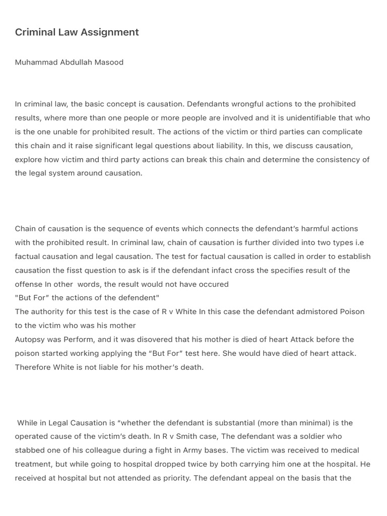 Criminal Law Assignment | PDF | Causation (Law) | Common Law