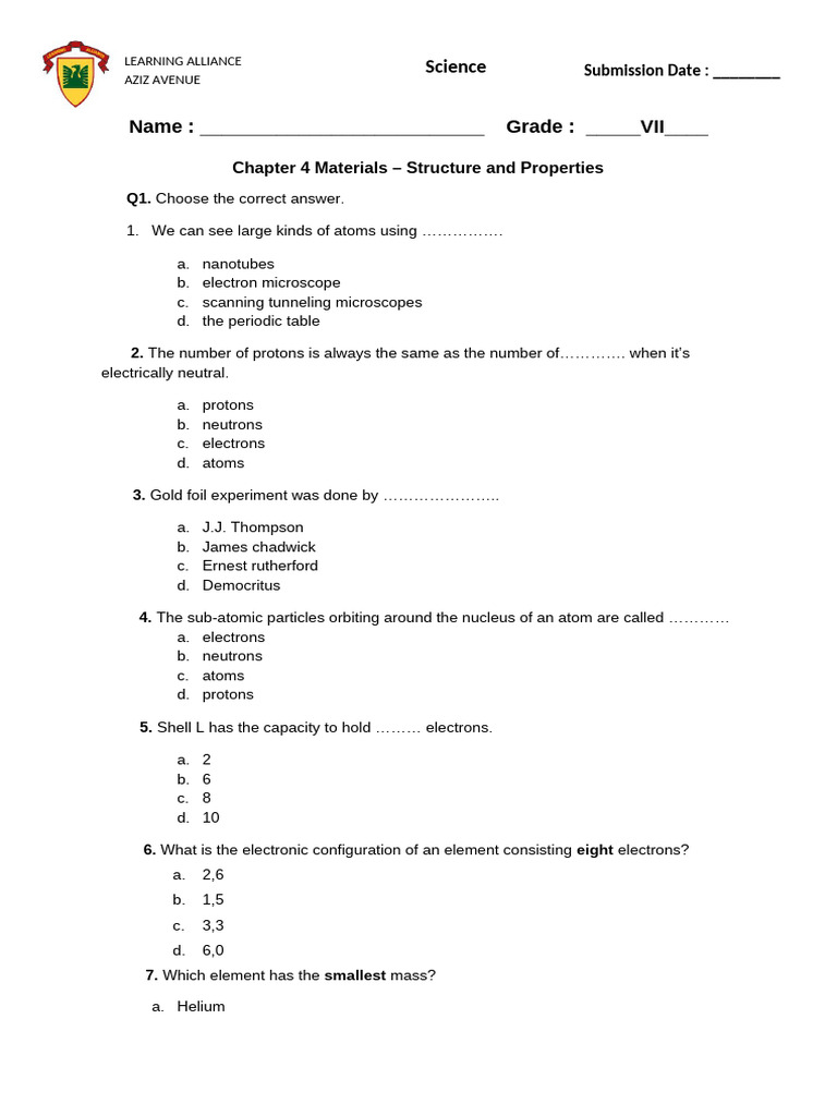 Revision Grade 7 Chapter 4 | PDF | Atoms | Chemical Elements