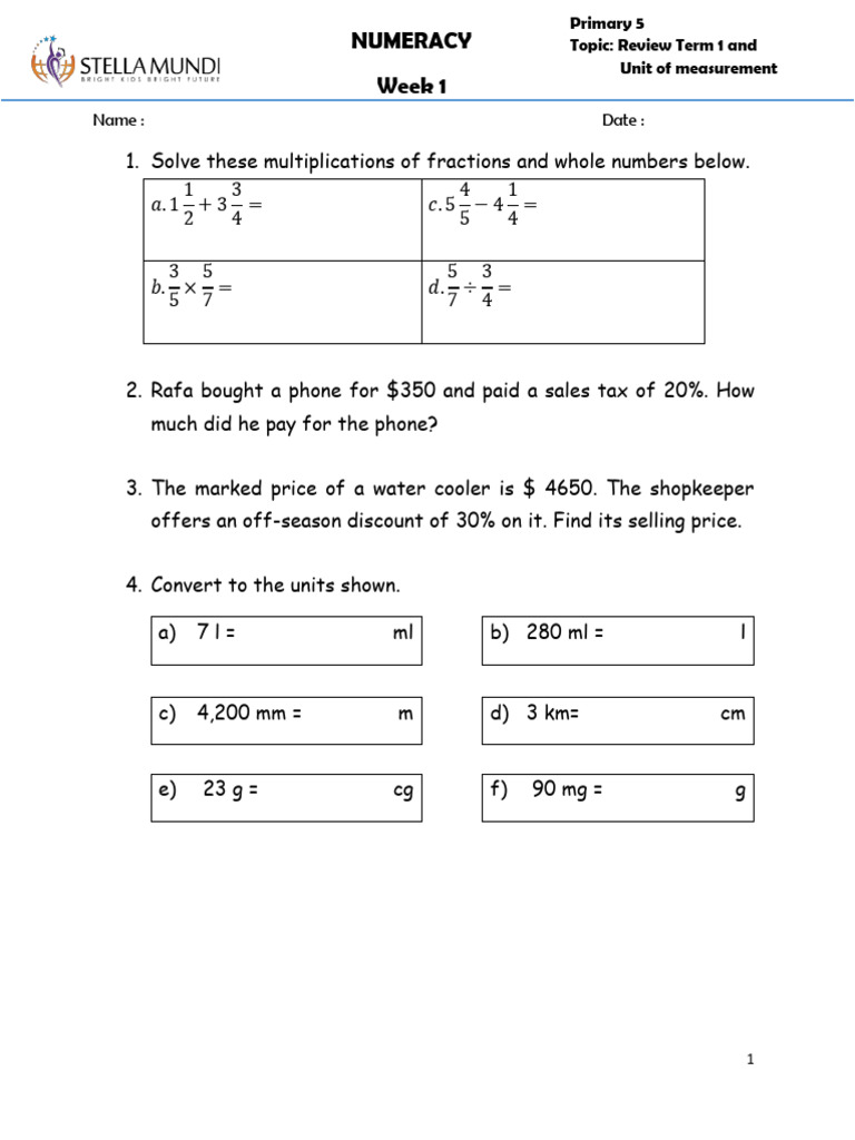 Numeracy - P5 - Week 1 | PDF