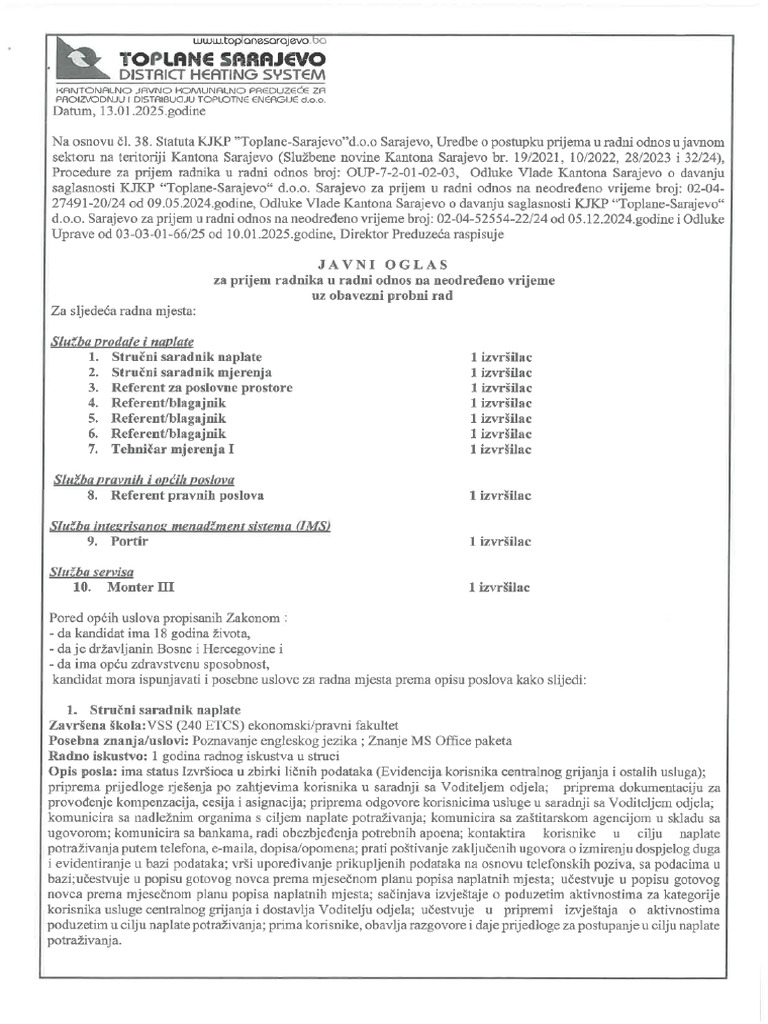 Javni Oglas Za Prijem Radnika 16 - 01 - 2025 | PDF