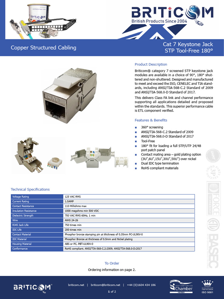 Cat 7 Keystone Jack - STP Tool Free 180° | PDF | Alternating Current ...