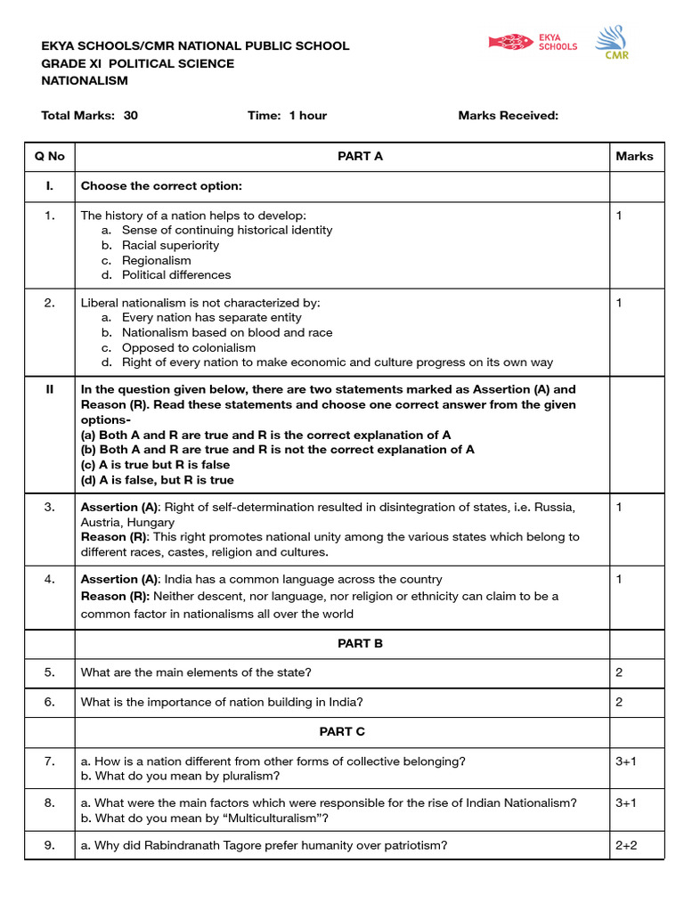 Gr11 PolSci Nationalism Chapter Test | PDF | Nationalism | Nation