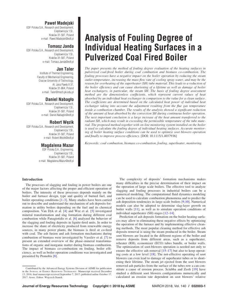 Analysis of Fouling Degree of Individual Heating Surfaces in A ...