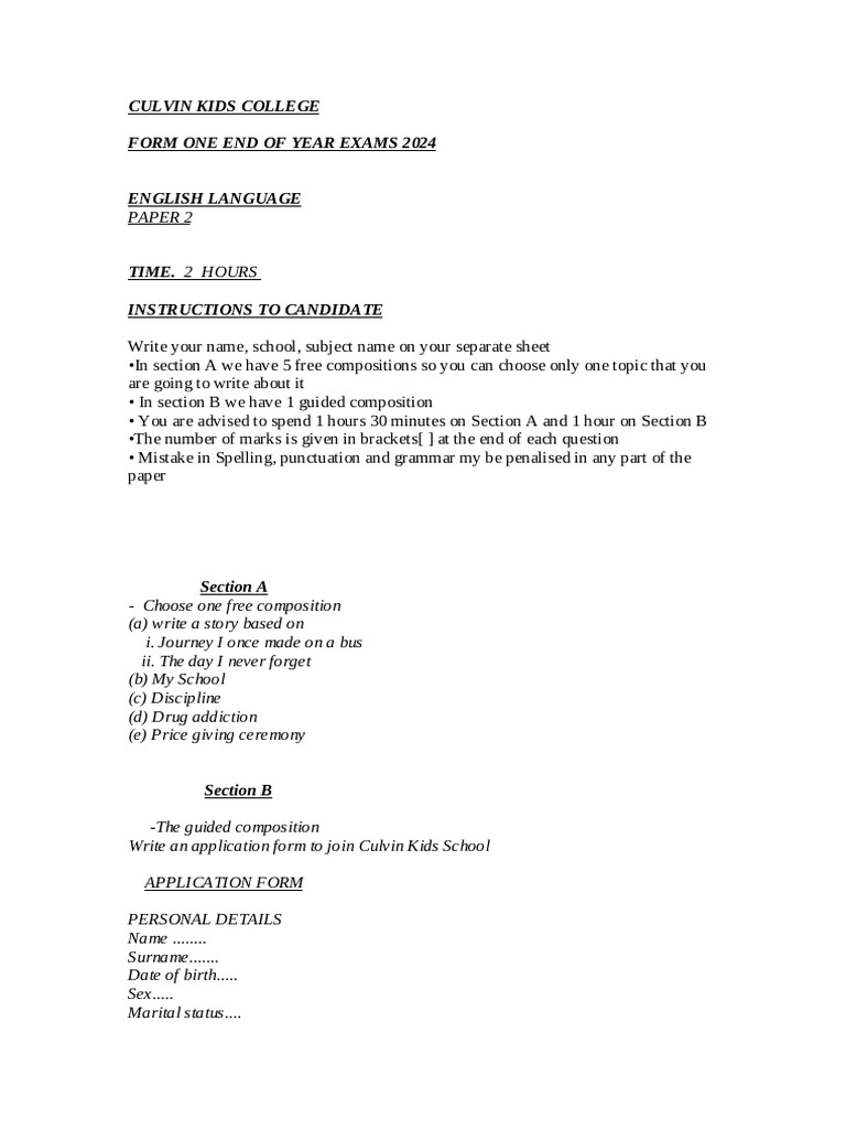 Culvin Kids College English Exam 2024 | PDF