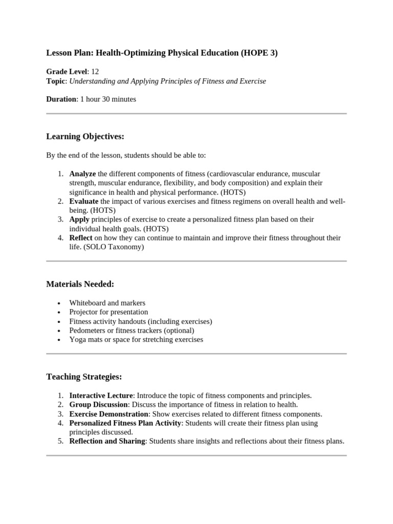 HOPE 3: Fitness Principles Lesson Plan | PDF | Physical Fitness ...