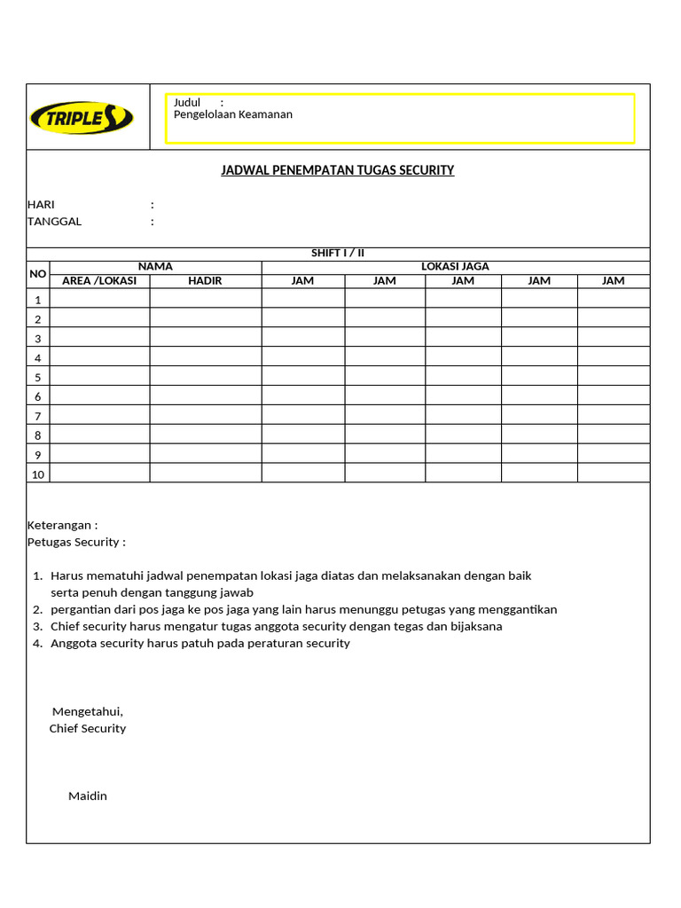 Jadwal Penempatan Tugas Security | PDF