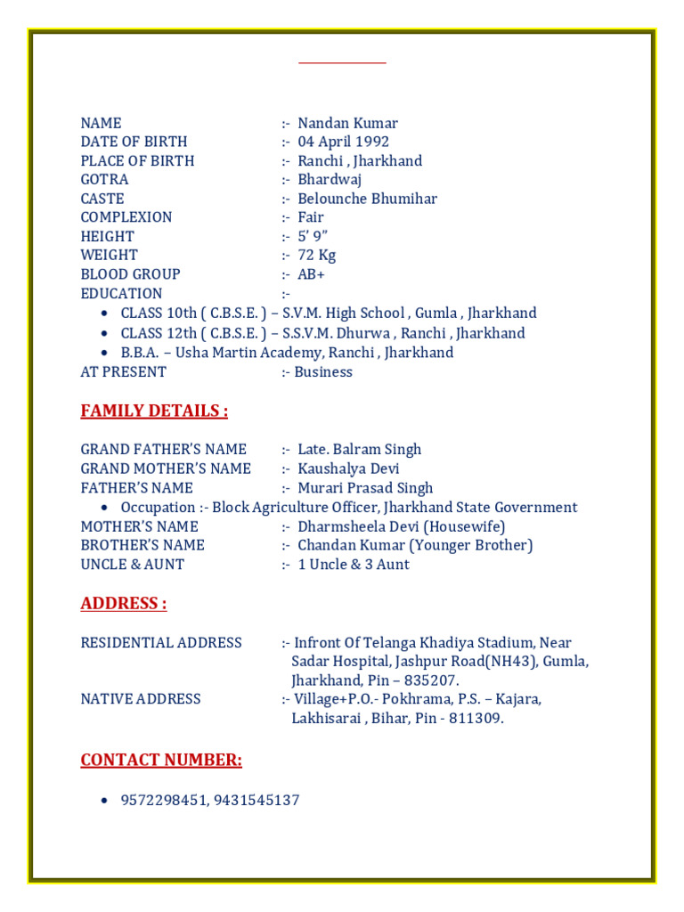 Nandan Kumar Biodata | PDF