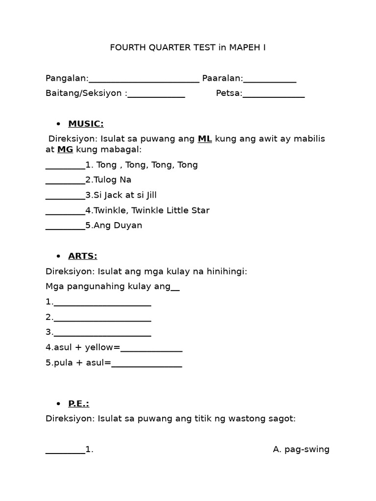 FOURTH QUARTER TEST in MAPEH I | PDF