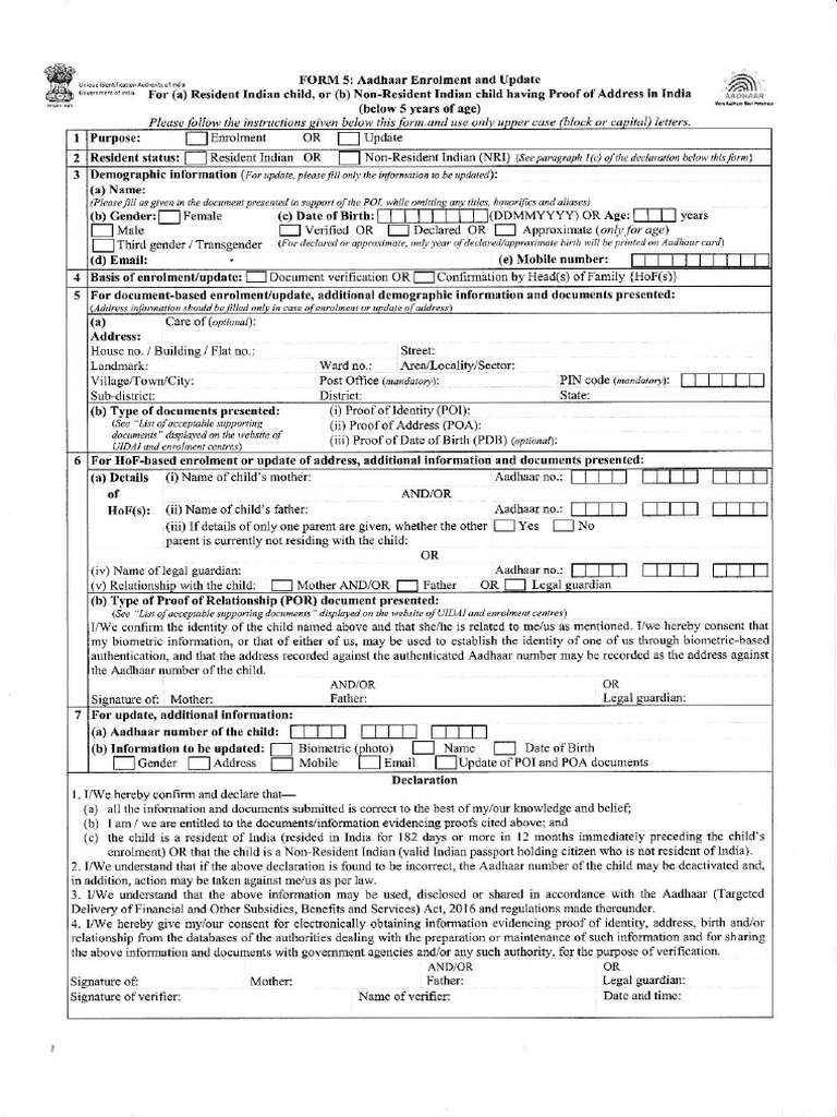 Aadhaar Enrollment Form for Ages 0-5 | PDF