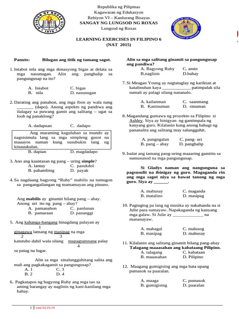 Filipino 6 Learning Exercises (2014-2015) | PDF