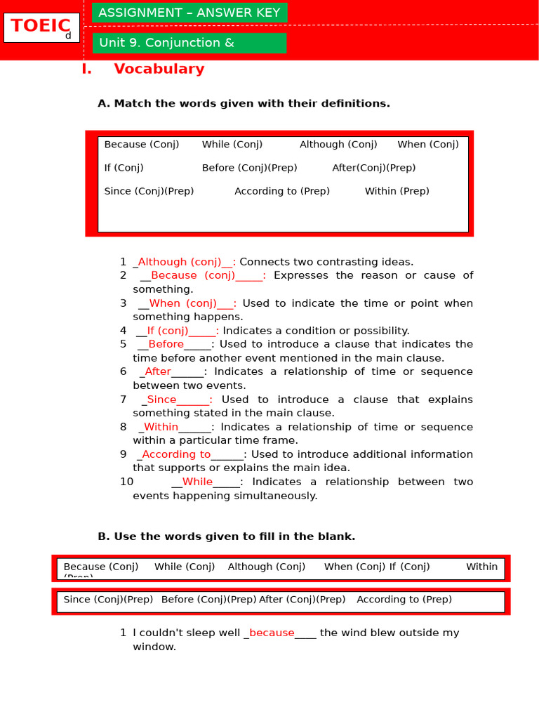 Assignment 9. Conjunction - Preposition - Answer Key | PDF | Linguistics