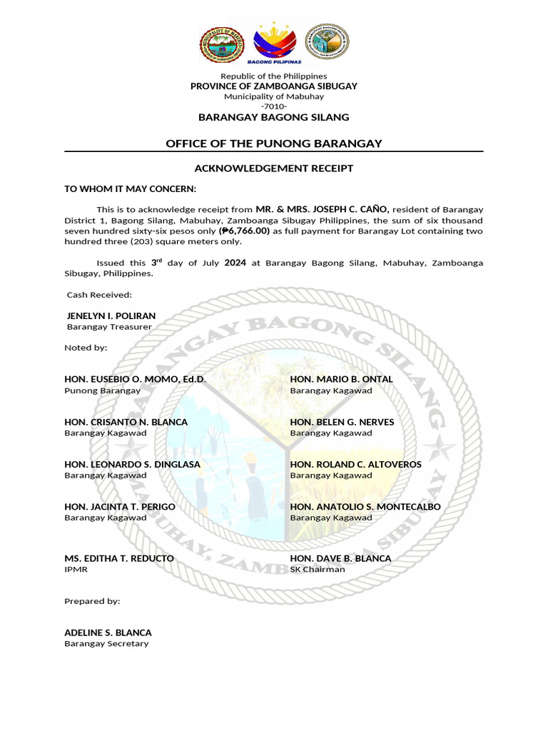 ACKNOWLEDGEMENT RECEIPT FOR LOT | PDF