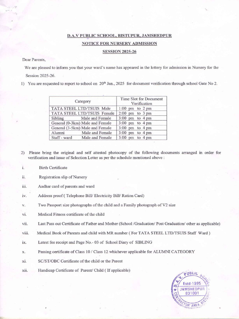 DAV JSR Admission | PDF