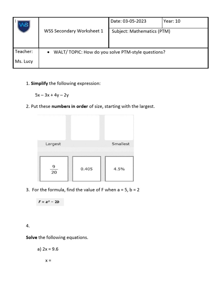Year 10 Math Worksheet Solutions | PDF