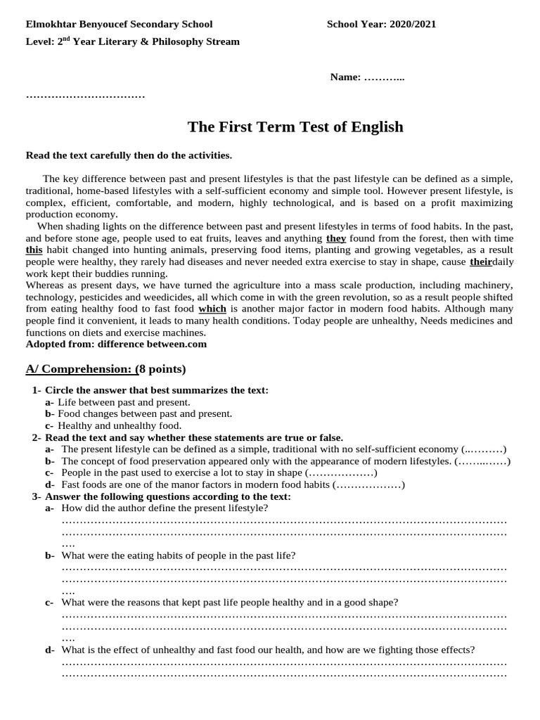 The First Term Test of English Lit Philo | PDF | Healthy Diet