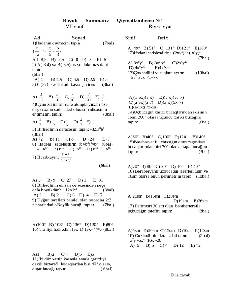 7-Ci Sinif BSQ - 1 | PDF