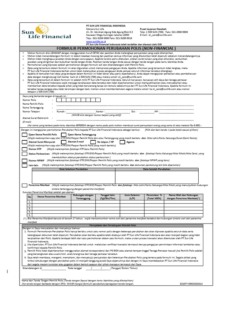Permohonan Perubahan Polis Sun Life | PDF