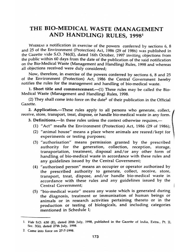 Bio - Medical Waste (Management and Handling) Rules, 1998. | PDF