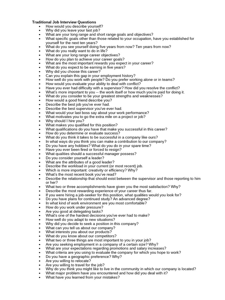 Traditional Job Interview Questions | PDF | Job Interview | Goal