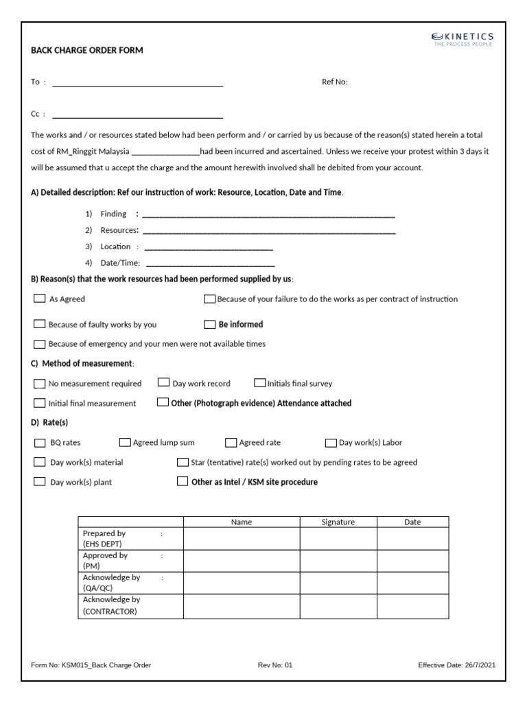 KSM015 - Back Charge Form | PDF