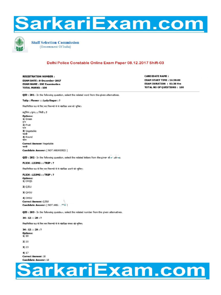 Delhi Police Constable Shift 3 Paper | PDF