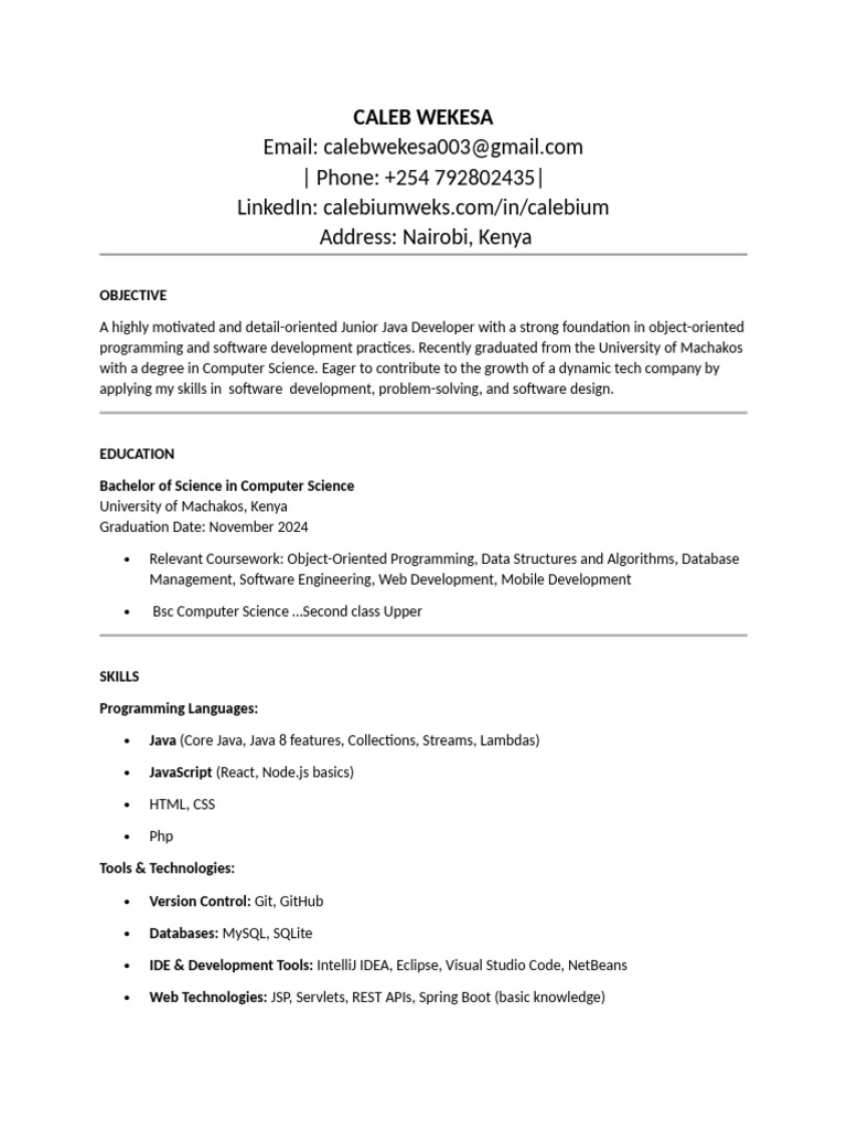 Caleb Wekesa | PDF | Java (Programming Language) | Software