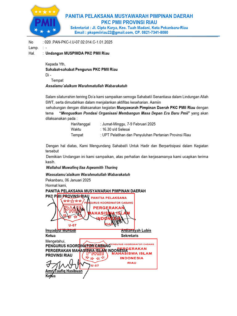 Undangan MUSPIMDA PKC PMII Riau 2025 | PDF