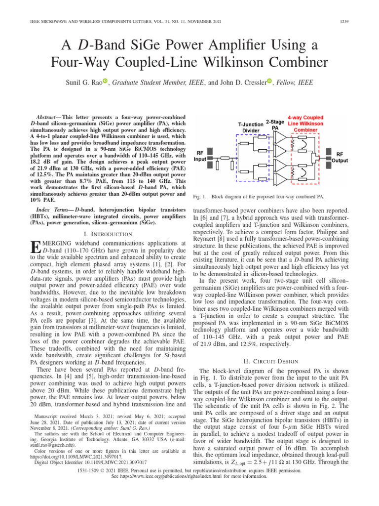 A D-Band SiGe Power Amplifier Using A Four-Way Coupled-Line Wilkinson ...