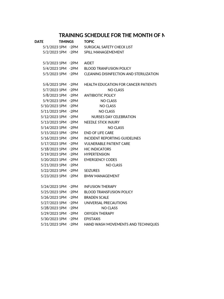May 2023 Training Schedule Overview | PDF