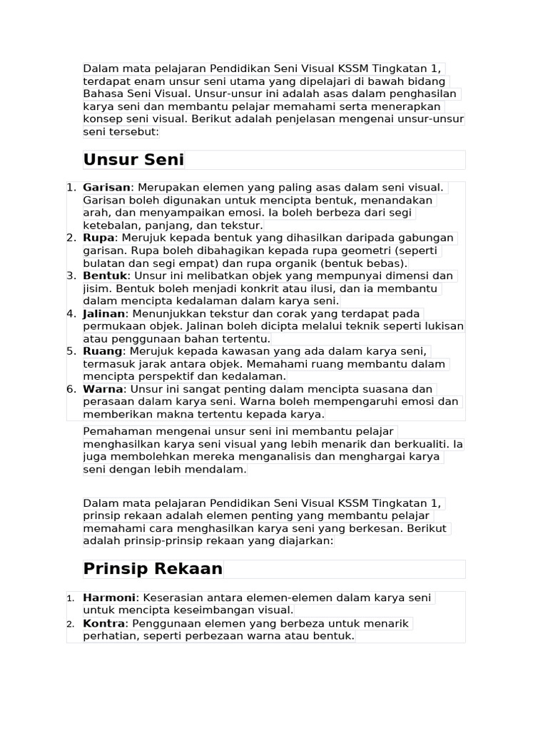 Unsur dan Prinsip Seni Visual Tingkatan 1 | PDF