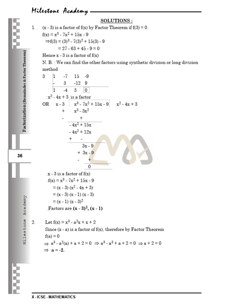 Chapter-7 Factorization (Remainder & Factor Theorem) Icse Class X | PDF | Factorization ...