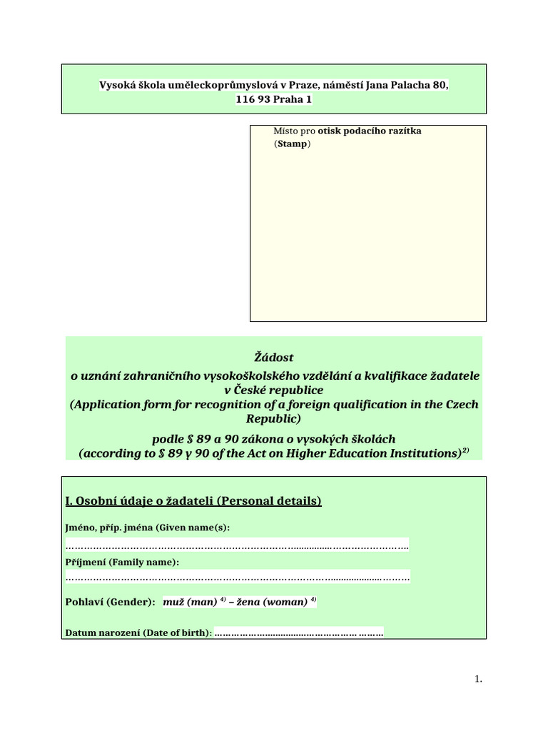 Zadost o Nostrifikaci Application Form | PDF