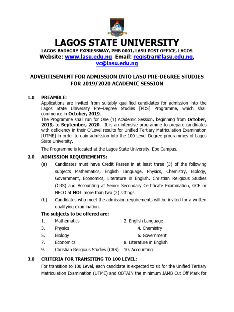 LASU Pre-Degree Admission 2019 | PDF | University And College Admission ...