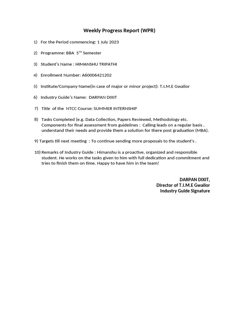 SIP-Weekly Progress Report 1 - Himanshu | PDF