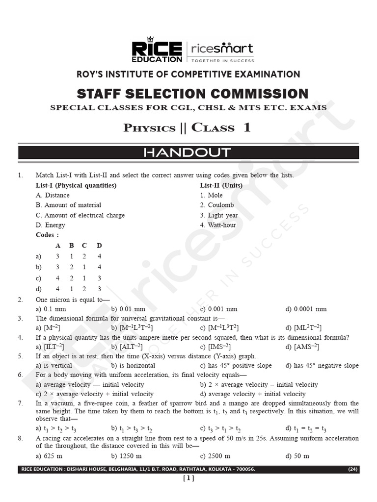 Physics Handout CHSL - Answer | PDF | Force | Newton's Laws Of Motion