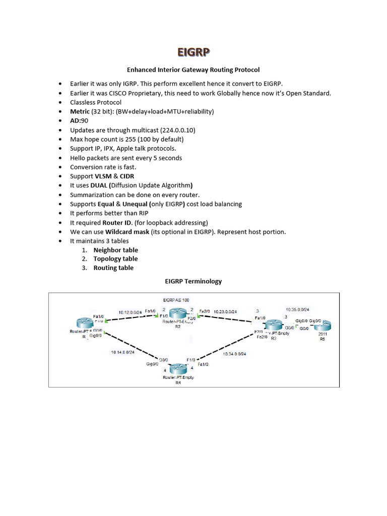 EIGRP (Enhanced Interior Gateway Routing Protocol) | PDF | Telecommunications | Network Protocols
