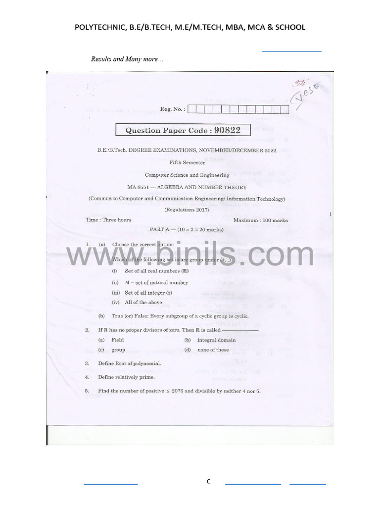 MA 8551 Algebra and Number Theory Anna University Question Paper | PDF
