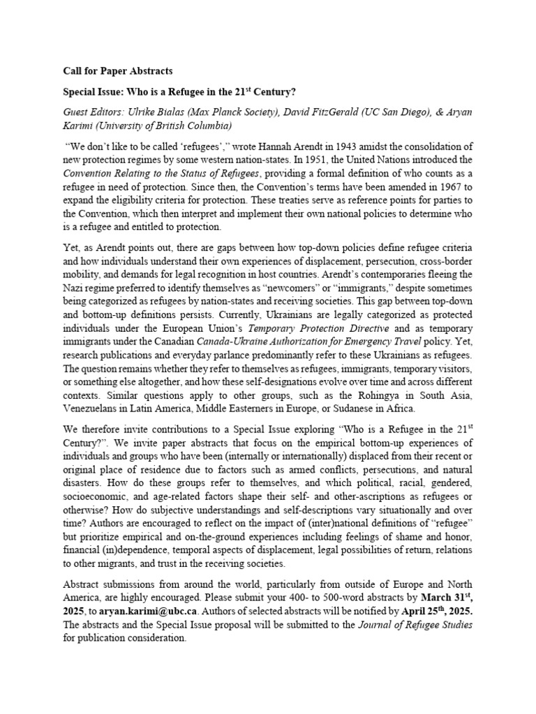 Call for Paper Abstracts-Who is a Refugee in the 21st Ce | PDF ...