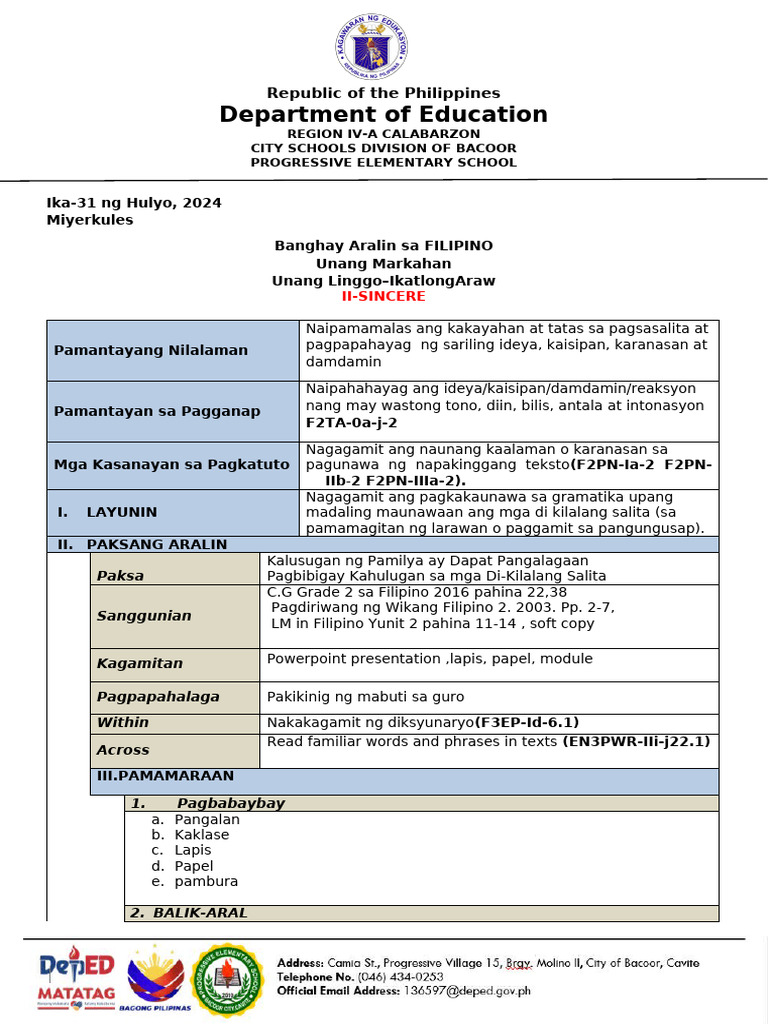 LP - Q1 - Wk1 - Day 3 FILIPINO | PDF