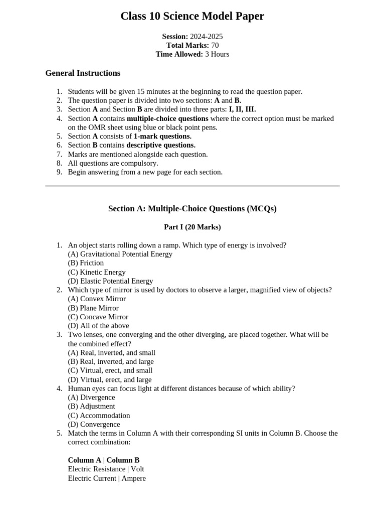 Class 10 Science Model Paper 2024-25 | PDF | Water Purification ...