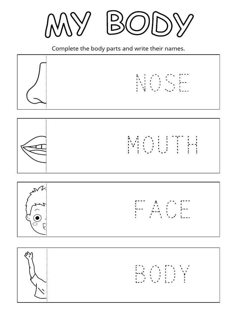 Black and White Simple Tracing Body Parts English Worksheet | PDF