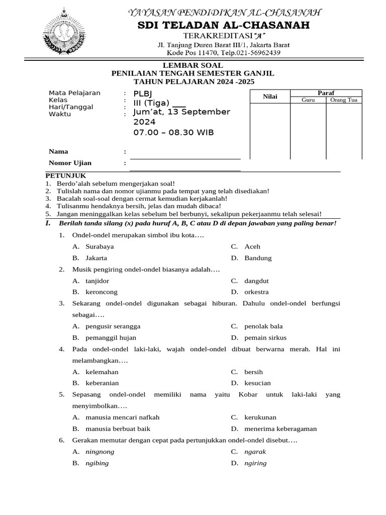 Soal PTS Kelas 3 PLBJ 2024-2025 | PDF